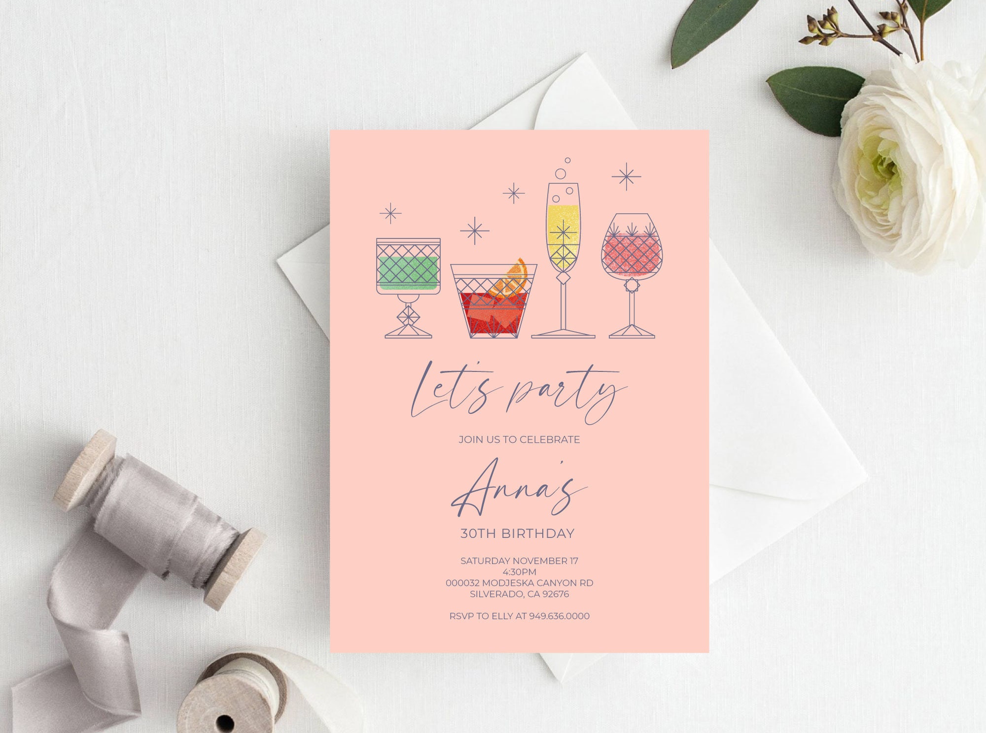 Cocktails Birthday Party Invitation - Ecnre Studio