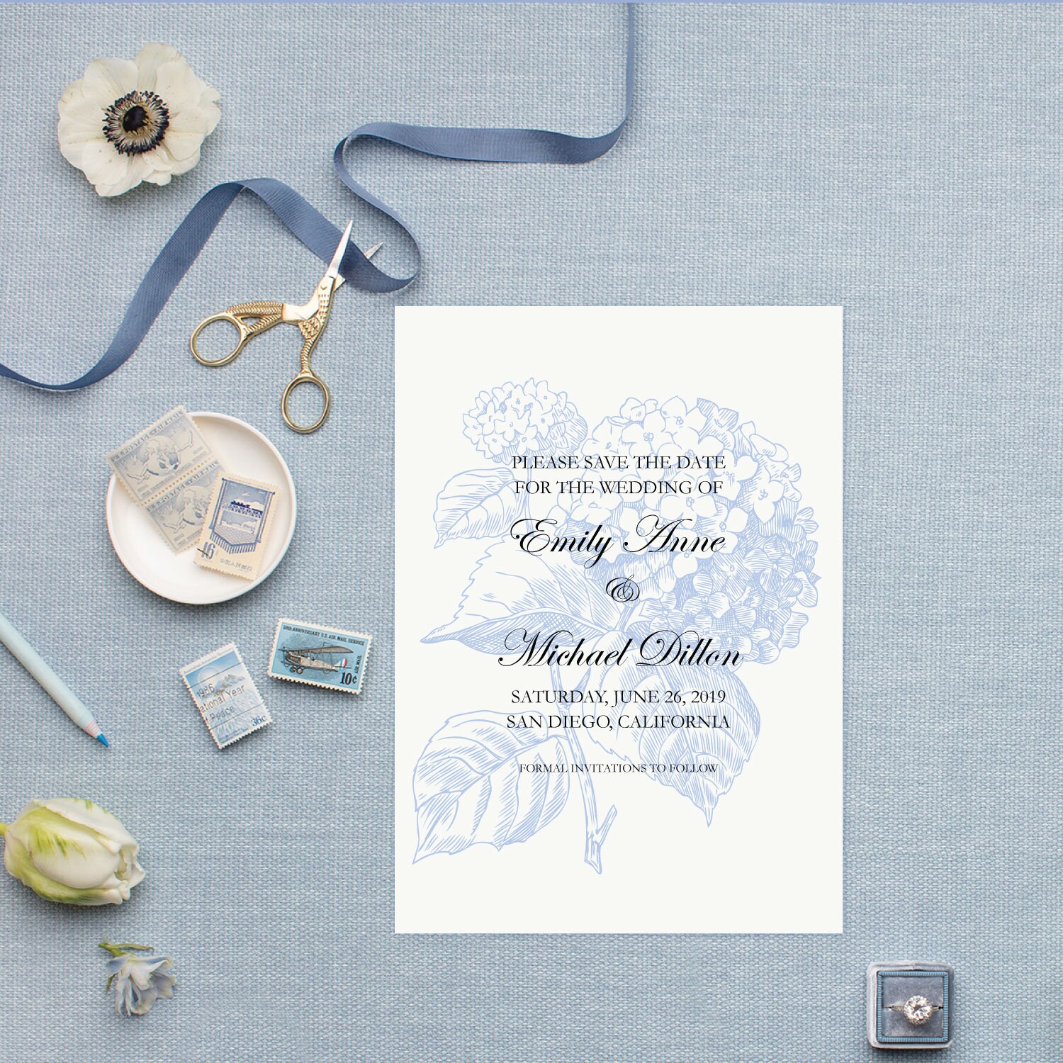Blue Hydrangea Wedding Invitation Template - Editable Botanical Set - Encre Studio