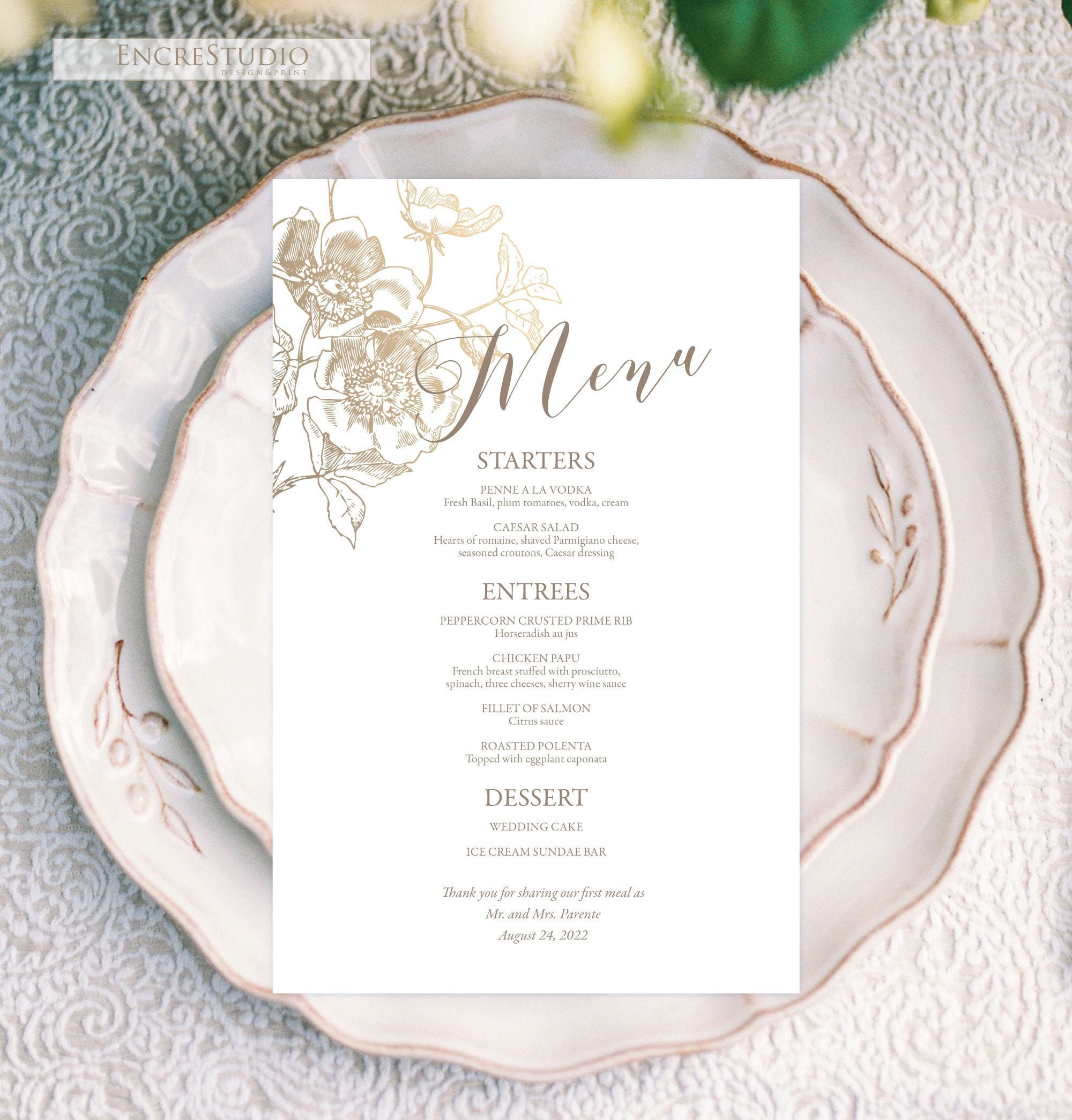 Editable Menu Template - Gold Rose Botanical Wedding Menu - Encre Studio
