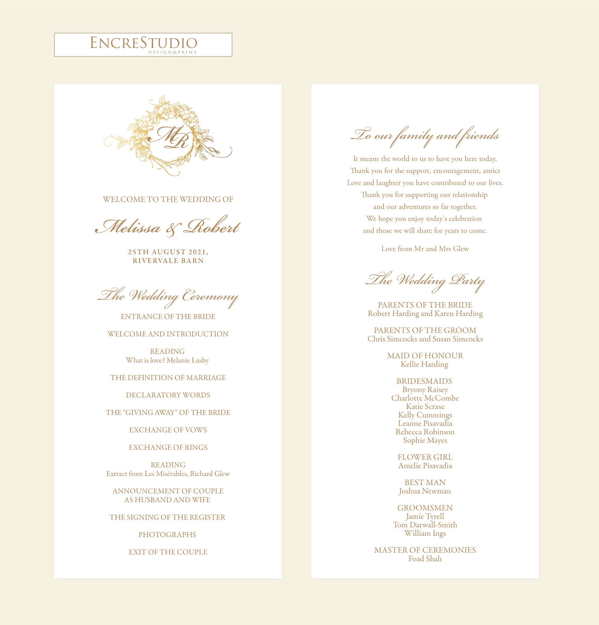 Editable Monogram Wedding Program Template - Gold Order of Service ...
