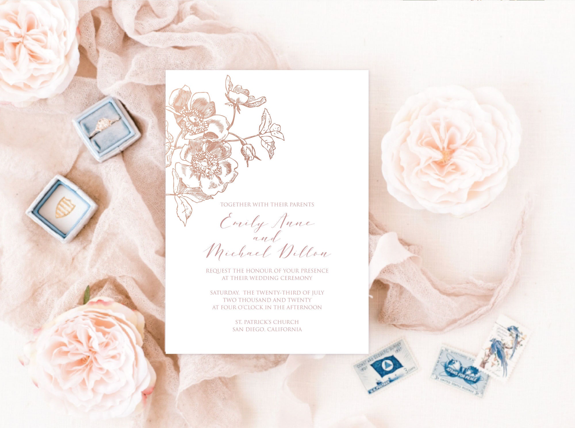 Rose Gold Wedding Invitation Editable Template - Encre Studio