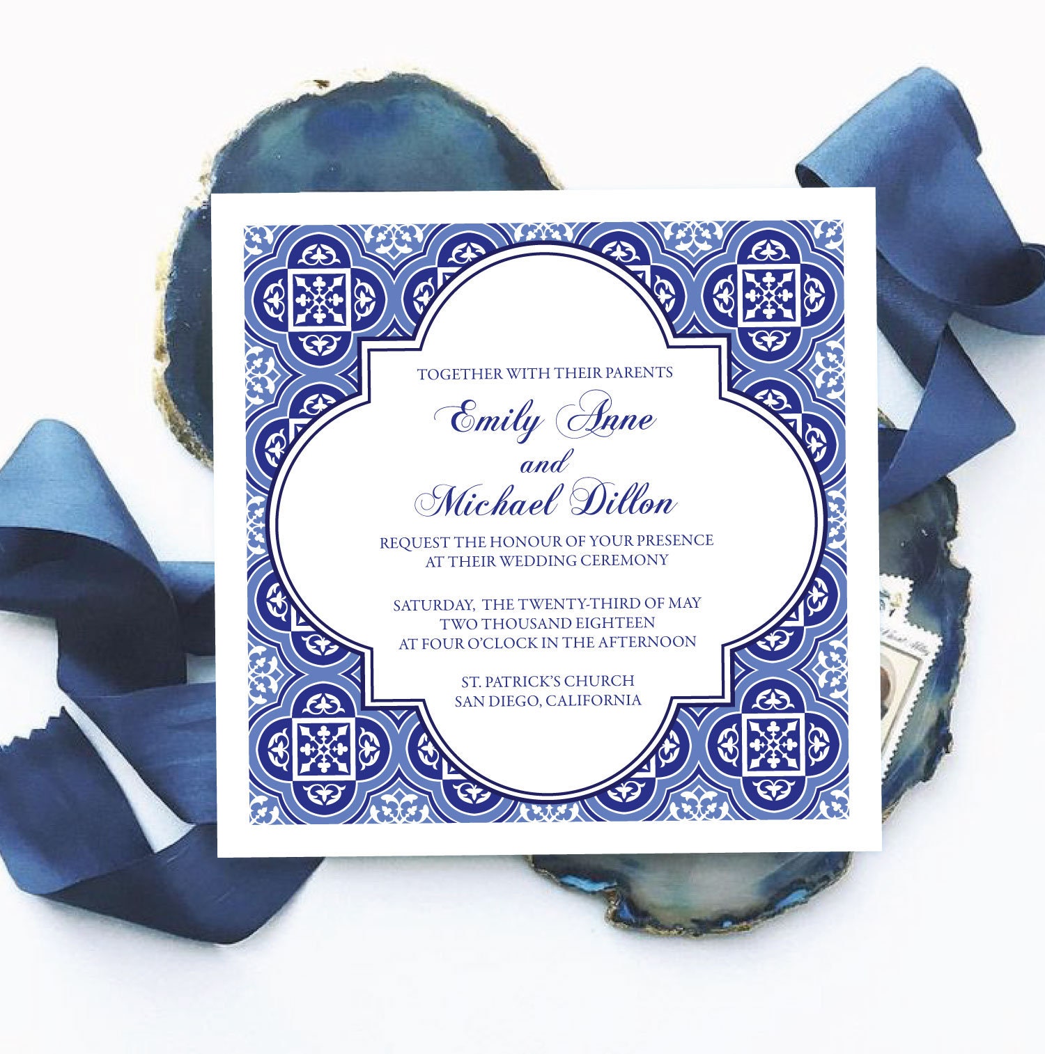 Royal Blue Spanish Tiles Wedding Invitation Suite Editable Template ...