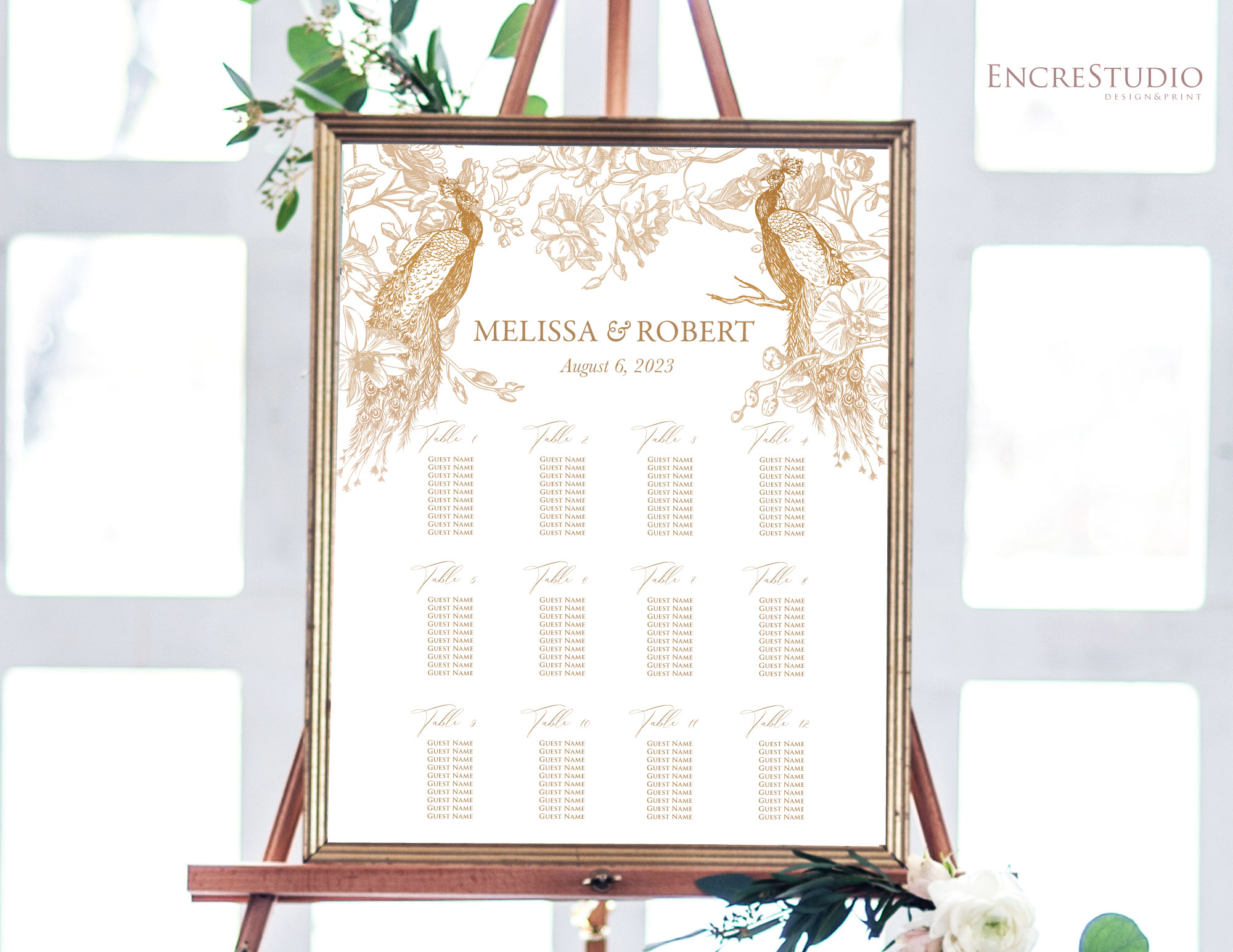Editable Gold Peacocks Seating Chart Template - Encre Studio