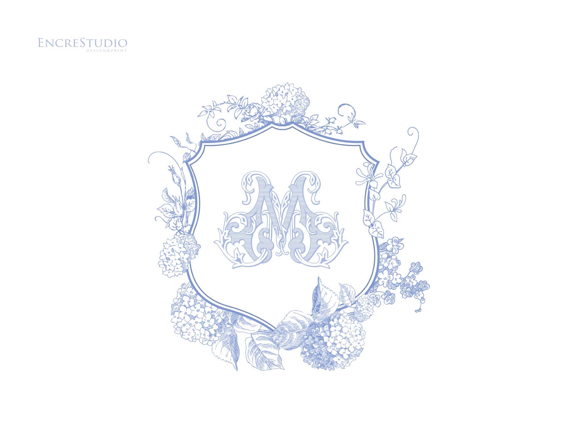 Wedding Crest and Monogram - Blue Hydrangea - Encre Studio