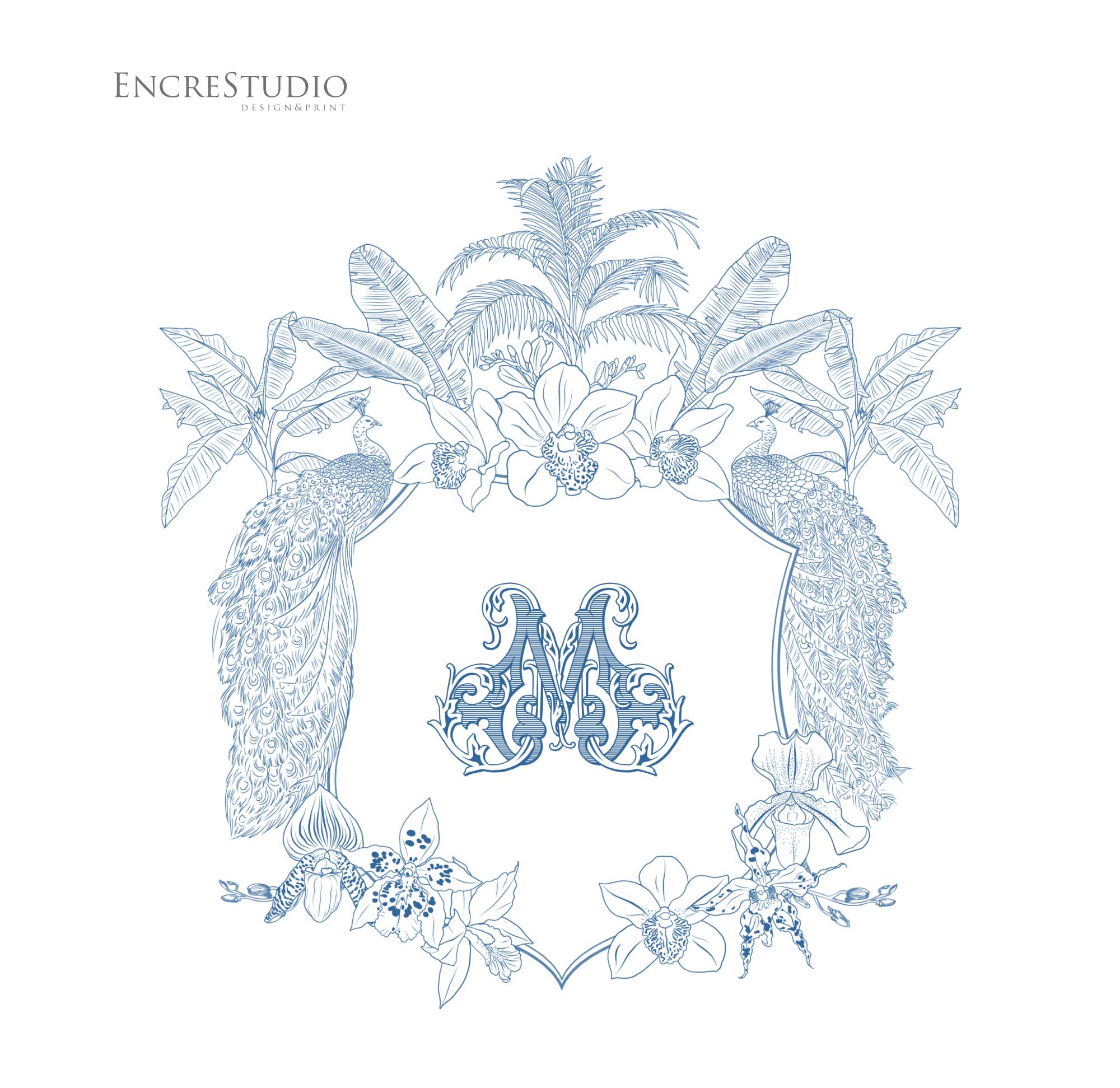 Peacocks and Orchids Wedding Crest and Monogram - Encre Studio